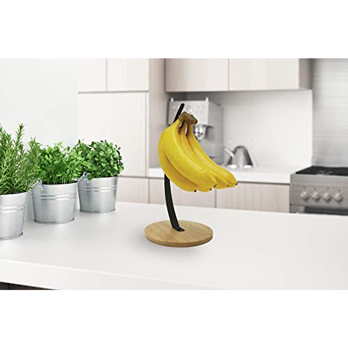 Banana Hanger for Kitchen Countertop, Black Banana Holder Stand, Bamboo Banana Hook, Headphone Hook, Kitcken Organizer- ShinYik Japanese Zakka Style with Bamboo Wood and Rust Resistance Black Iron