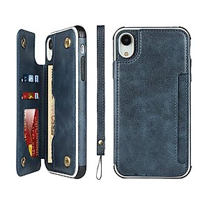 iCoverCase iPhone XR Wallet Case, iPhone XR Case with Card Slots Holder and Wrist Strap PU Leather Kickstand Double Magnetic Clasp Shockproof Cover Case for iPhone XR 6.1 Inch (Blue)