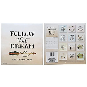 EABC 2024 Wall Calendar FOLLOW that DREAM 12 Month Illustrated Art Arrow Decoration Plan Ahead At A Glance 11' x 11" (bundle with KCBrand Sticker/gel pen) Home Office Inspiration Quotes