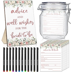Sintuff 114 Pcs Bridal Shower Favors 1 Advice and Wishes Flowers Wooden Sign 100 Advice for The Bride Cards with 12 Fineliner Ink Pens and 1 PET Bottle Bridal Shower Games for Wedding Reception