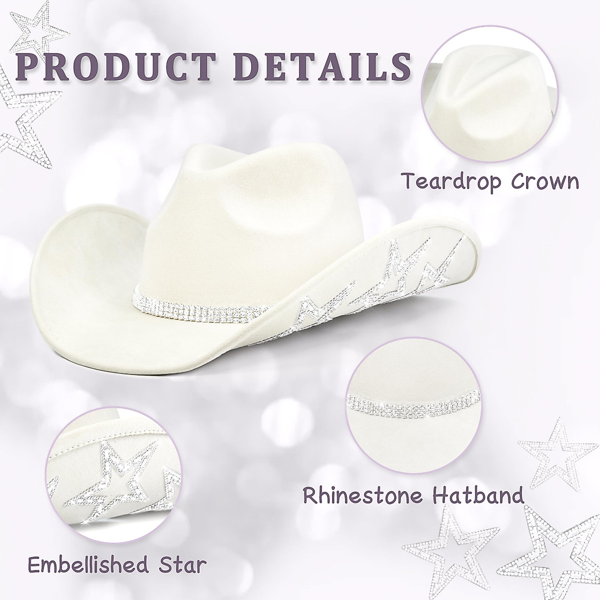 Keilin Cowgirl Hat Star Studded Rhinestone Cowboy Hat Disco Cowgirl Outfit Western Nashville Bachelorette Party Hat for Teens and Adults (White)