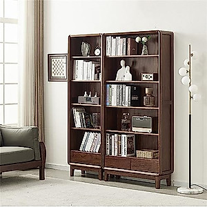 KWOKING Modern Closed Back Bookshelf Standard Solid Wood Bookcase with Drawers Black Walnut Bookcase Study Shelf Office Layered Storage Cabinet Floor-to-Ceiling Bookcase Brown 24" L x 12" W x 75" H
