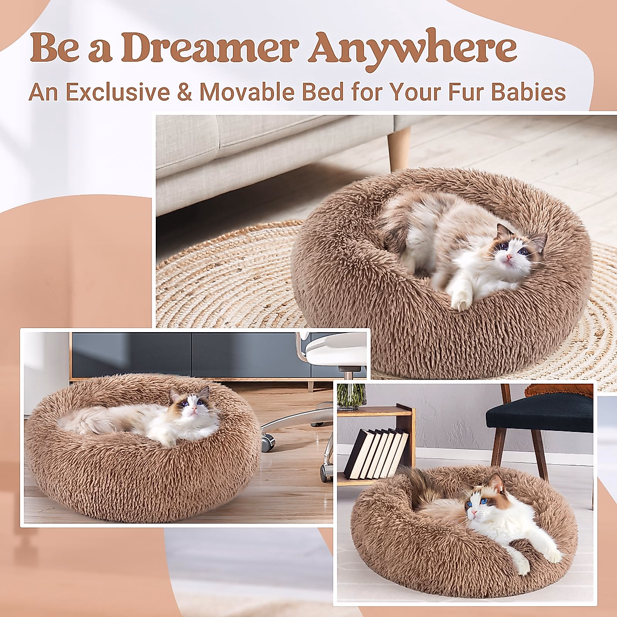 rabbitgoo Cat Beds for Indoor Cats, 20 inches Cat Bed Machine Washable, Fluffy Round Pet Bed Non-Slip, Calming Soft Plush Donut Cuddler Cushion Self Warming for Small Dogs Kittens, Light Brown, Medium