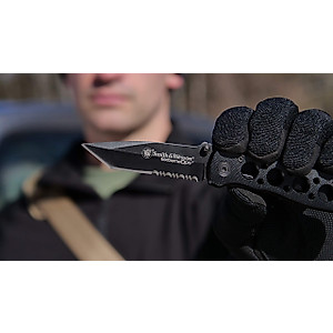 Smith & Wesson CK5TBS 7.4in High Carbon S.S. Folding Knife with a 3.2in Serrated Tanto Blade and Aluminum Handle for Outdoor, Tactical, Survival and EDC