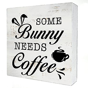 Some Bunny Needs Coffee Wood Box Sign Home Decor Rustic Easter Bunny Wooden Box Sign Block Plaque for Wall Tabletop Desk Home Kitchen Decoration