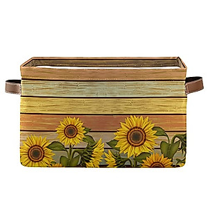 Sunflowers Leaves on Colorful Wooden Boards Rectangular Storage Basket Storage Bin Collapsible Storage Box with Leather Handles Nursery Baskets Organizer for Shelf Baskets
