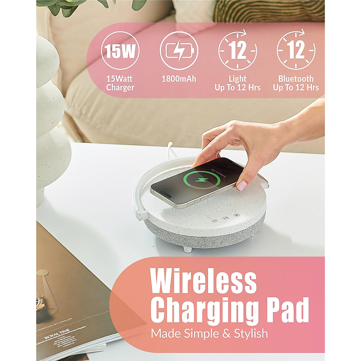 BELMAK Bedside Lamp with Wireless Charger, Phone Charging Lamps for Bedroom, Speaker Lamp Bluetooth Wireless, 6 in 1 Touch Bedside Lamp, Unique Gifts for Women, Dad, Mom, Men Birthday Gift Ideas