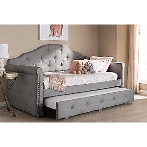 Baxton Studio Emilie Modern and Contemporary Grey Fabric Upholstered Daybed with Trundle Grey/Twin//Contemporary/Fabric Polyester 100%"/Rubber Wood/MDF/Foam