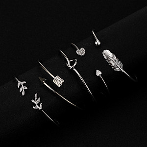 Softones 5pcs Bangle Silver Bracelets for Women Heart|Olive Leaf|Arrow|Feather|Knot Heart Open Cuff Bracelet Set Adjustable