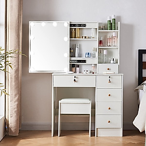 White Makeup Vanity with Lighted Mirror, Vanity Table with Storage Drawer, Dressing Table with Cushioned Stool and for Bedroom, Makeup Room (Modern Vanity 005)