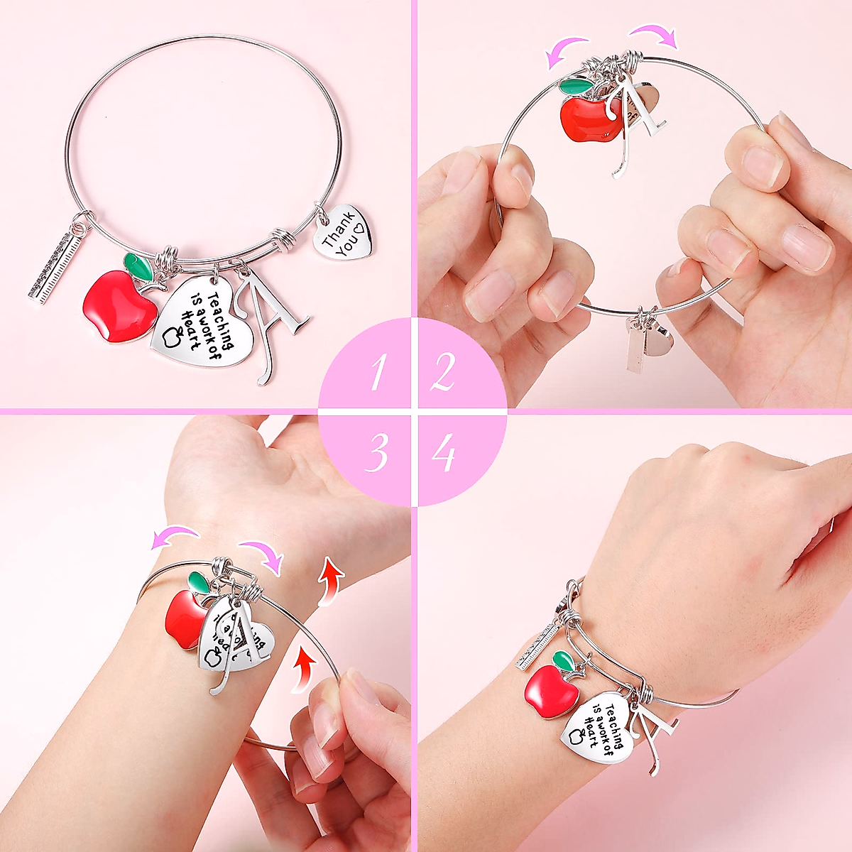 Kenning 3 Pcs Teacher Appreciation Week Gifts Set Include Inspirational Notebook with Quote, Zippered Makeup Bag and Bracelet with Initial for Teacher Week, Birthday, Back to School(Letter C)