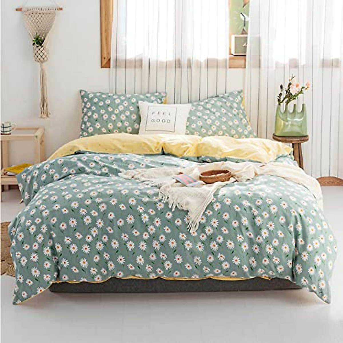 Sage Green Floral Duvet Cover Twin Soft Cotton Bedding Set Daisy Floral Printed on Green Bedding Duvet Cover, Modern Botanical Comforter Set with Zipper Closure