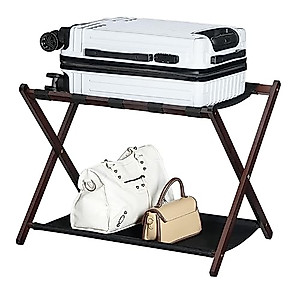 HOOBRO Luggage Rack, Folding Bamboo Suitcase Stand with Storage Shelf and Nylon Straps, 26.8" L x 17.7" W x 20" H, for Guest Room, Hotel, Bedroom, Holds up to 110 lb, Brown and Black BR07XL01