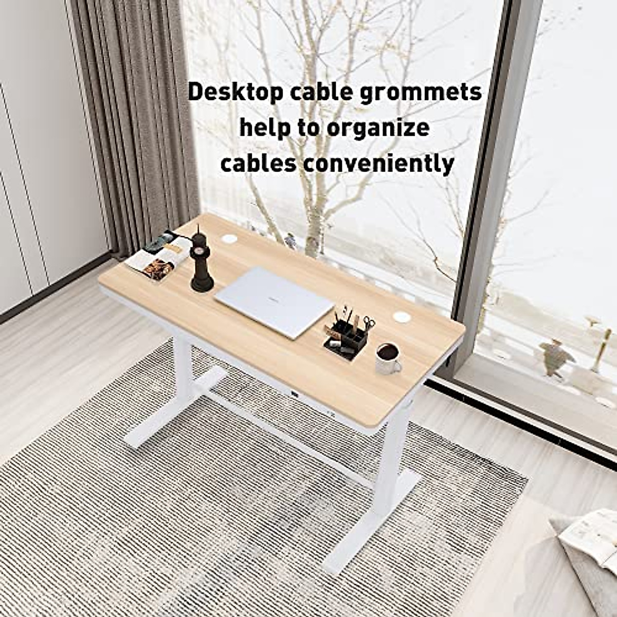 FARRAY Electric Standing Desk with Drawer, 45 x 24 Inch Adjustable Height Desk with Power Strip & USB Ports, One-Piece Top Stand Up Desk, Modern Sit Stand Desk (Oak Top + White Frame)