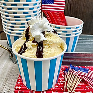 Red White and Blue Ice Cream Sundae Kit - 4th of July Party - 12 Ounce Blue Stripe Paper Treat Cups - Plastic Spoons - American Flag Picks - Paper Straws - 16 Each