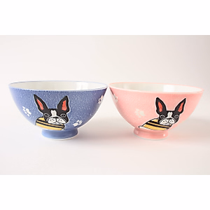 Mino ware Japanese Pottery Pair Rice Bowl French Bulldog Blue & Pink made in Japan (Japan Import) MIG007