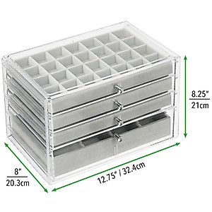 mDesign Plastic 4-Drawer Jewelry Box - Removable Divided Organizer Trays for Storage on Dresser, Vanity, Countertop - Holds Earrings, Bracelets, Necklaces, Bangles, Rings - Clear/Gray