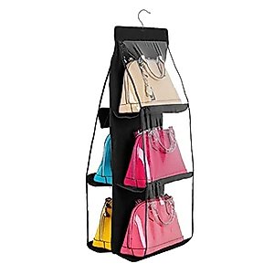 FAJYAZ Purse Organizer for Closet, Handbag Organizer with 6 Large Transparent Pockets, Washable Purse Organizer Storage(Black)