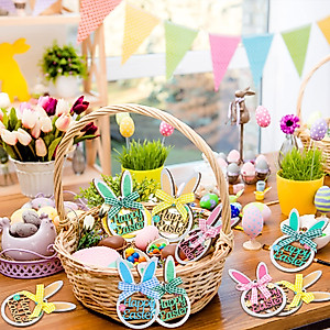 16 Pieces Easter Rabbit Tree Ornament Wooden Hanging Bunny Ornaments with Plaid Bow and Rope Wood Hollowed Out Easter Ornaments Cute Spring Hanging Decorative for Home Garden Decor (Bunny Ears Style)