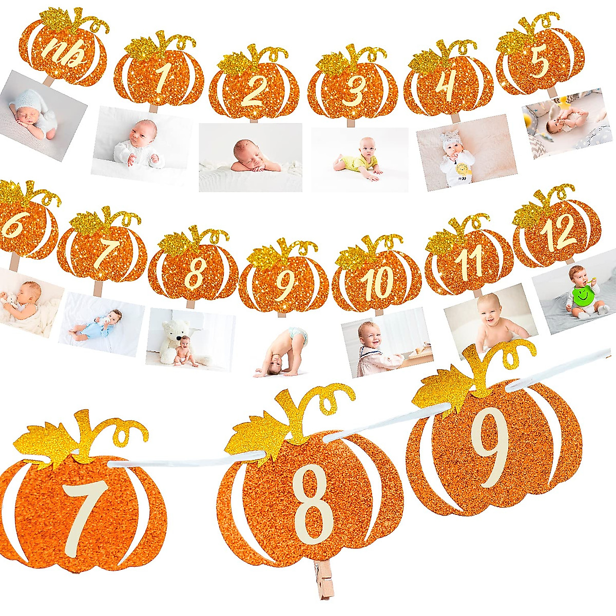 Pumpkin 1st Birthday Photo Banner Orange and Gold Glitter, Pumpkin Patch Baby Monthly New Born Garland 12 month Little Pumpkin First Themed Decorations Baby Thanksgiving Party Milestone Fall Photo