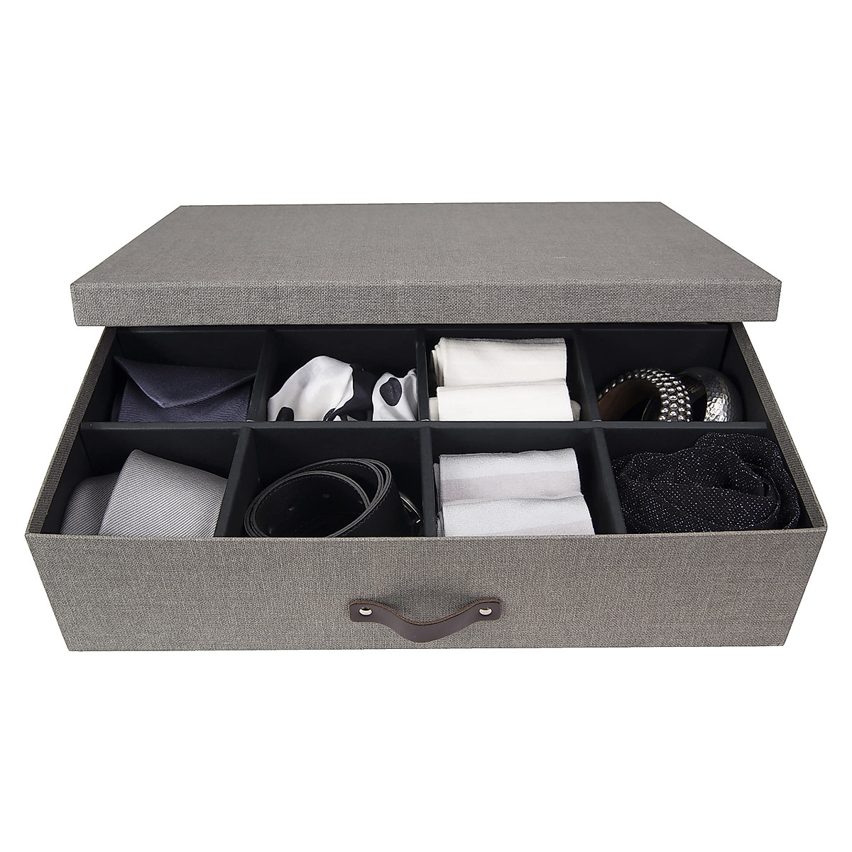 Bigso Box of Sweden Small Storage Box with 12 Compartments and Leather Handle - Fabric Storage Organiser for Shelves or Drawers - Drawer Organiser for Underwear, Socks, Jewellery, etc. - Grey
