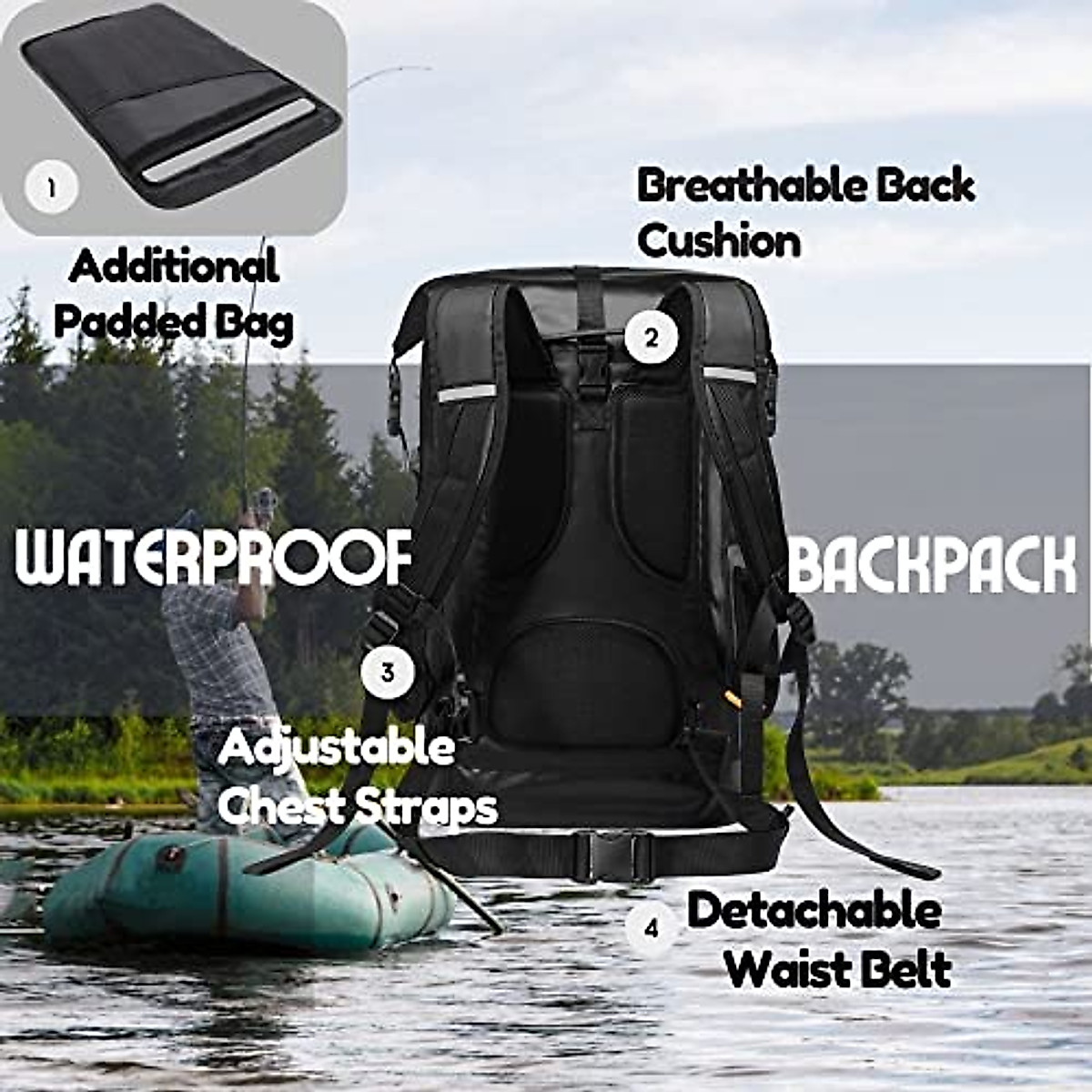 GVANCA Waterproof Dry Bag Backpack for Kayaking, Roll Top Kayak Dry Backpack, Floating Outdoor Dry Sack Boating Sailing Canoeing Rafting Fishing Camping 35L Black