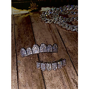 18K White Gold Plated CZ Cluster Custom Slugs Top Bottom Grillz Mouth Teeth Grills Set - Grillz, Teeth Cap, Iced Out Grillz (Silver Top & Bottom Set)