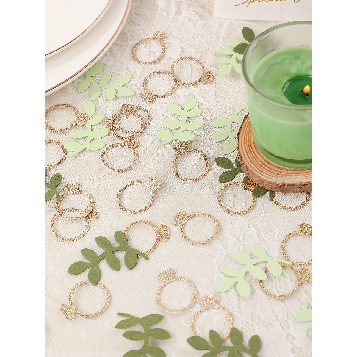 Fonder Mols Greenery Wedding Table Confetti,Boho Love Theme Party Confetti,Sage Leaf Rose Gold Rings Engagement Party Table Scatter,Bachelorette Bridal Shower Party Decorations Supplies 200 Pieces