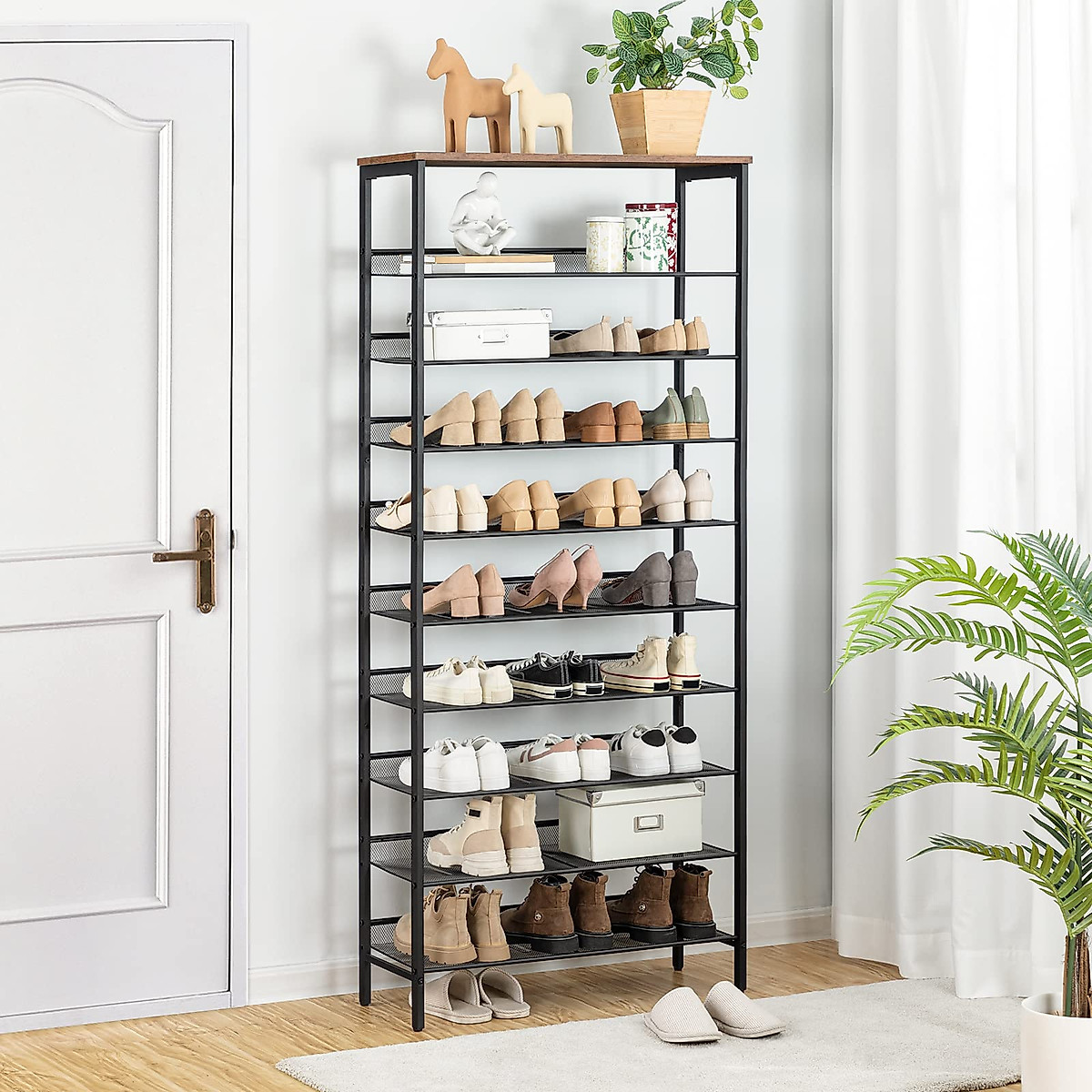 HOOBRO 10-Tier Shoe Rack Organizer, Large Capacity Metal Shoe Shelf, Sturdy Shoe Storage with Top Shelf, for 27-36 Pairs of Shoes, Space Saver, Industrial, Rustic Brown and Black BF110XJ01
