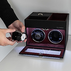Vlando Automatic Double Watch Winder - Watch Winder Box with Men Jewelry Organizer Tray, Japanese Quiet Motor, LED Light, Adjustable Watch Pillows - Red