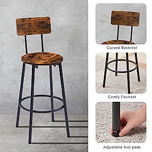 Tiokop Bistro Set of 2, Pub High Top Round Table and Chairs Upholstered Cushion, Storage Shelf and Backrest, 3-Piece Bar Stool Set for Breakfast Nook, Rustic Brown