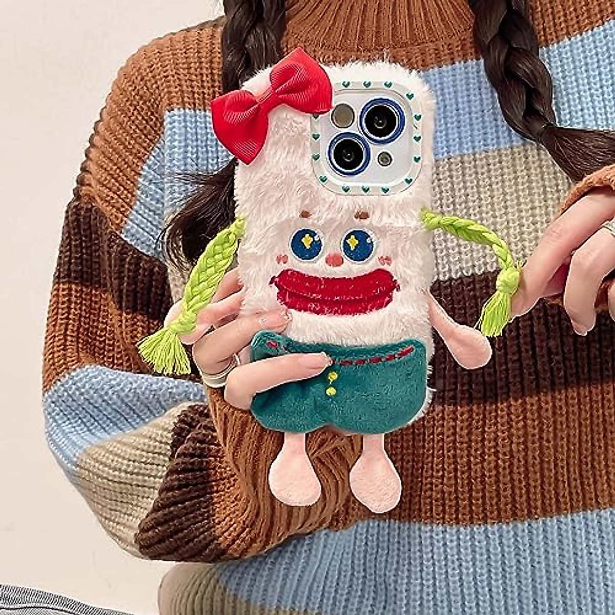 Tewwsdi Compatible for iPhone 14 Phone Case Cute,Kawaii 3D Doll DIY Hair Braids Camera Protector Plush Case,Winter Warm Furry Funny Case for iPhone 14 Women Girls(Green Braids)