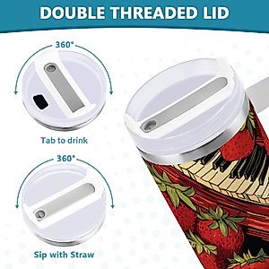 ALAZA Vintage Strawberries Piano Keys Music 40 oz Tumbler Water Bottle with Straw Lid and Handle,Reusable Insulated Stainless Steel Cup for Women Men Travel Car Cup Holder