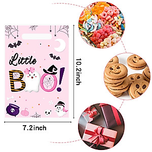Haooryx 100Pcs Little Boo Party Favor Bags, Pink Little Boo Theme Plastic Candy Gift Bag Birthday Gift Warp Goodie Treat Bags for Halloween Party Kids Theme Birthday Baby Shower Party Favors Supplies