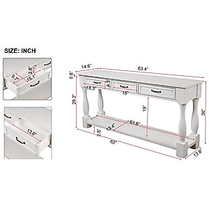 Lecafur HL 63 inch Long Console Table,Wood Entry Table with Storage Extra-Thick Sofa Table with 3 Storage Drawers and 1 Shelves for Entryway Hallway Living Room (Antique White)