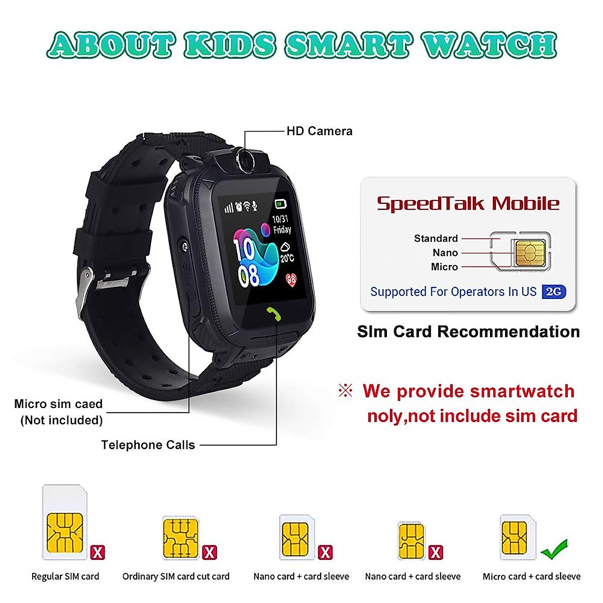 Kids Smart Watch, IP67 Waterproof LBS Positioning Watch HD Touch Screen, with SOS Two-Way Call Clock Camera SIM Card Slot Compatible with iOS and Android（Black）