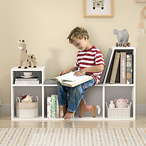 HedoajimKids Bookshelf with Reading Nook,Bookcase with 6 Cubby and Seat Cushion,Toddler Reading Bench and Toy Storage Organizer for Kids Room, Playroom, Classroom, Nursery,Bedroom
