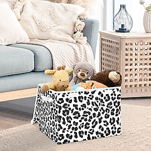 Joisal White Leopard Black Cheetah Collapsible Flip-Top Storage Box with Lid, Stackable Storage Boxes, Large Storage Bags, with Handle and Full Print