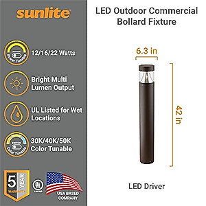 Sunlite 87993 LED 42” Outdoor Commercial Bollard Fixture, Round Landscape Area Light, Adjustable Watts (12/16/22), 3 CCT 3000K-5000K, 2970 Lumens, IP65, Bronze, for Pathways, Entryways & Walkways