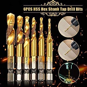 6Pcs M3 M4 M5 M6 M8 M10 Coated HSS Spiral Flute Metric Taps Set Metric Thread Tap Drill and Tap Bits 1/4" Hex Shank Screw Taps Tool Set