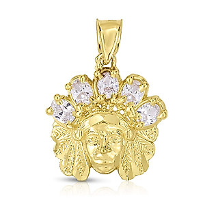 Floreo 10k Yellow Gold Variation of Color Stone Native American Indian Tribal Chief Head Pendant (0.75" x 0.65"), Clear Color Stone