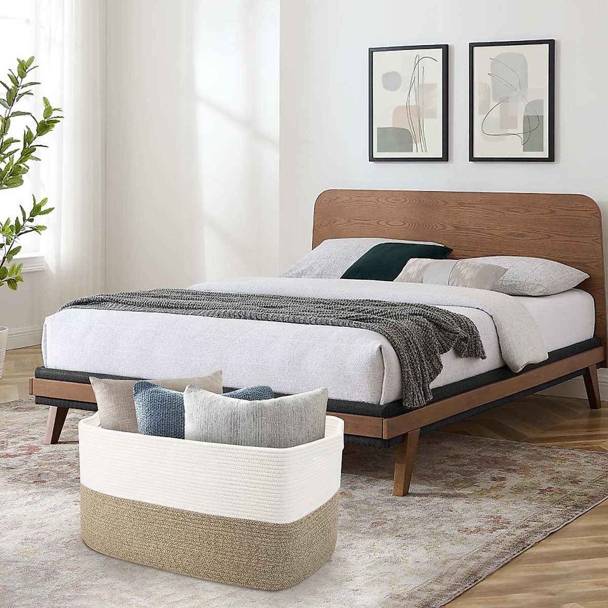 MEGASKET Extra Large Cotton Rope Basket, 23.6" x 15.7" x 14.1" Rectangle Blanket Basket Living Room, Wicker Woven Throw Blanket Pillow Storage Basket, Soft Kids Dog Toy Basket Storage Bins Organizer