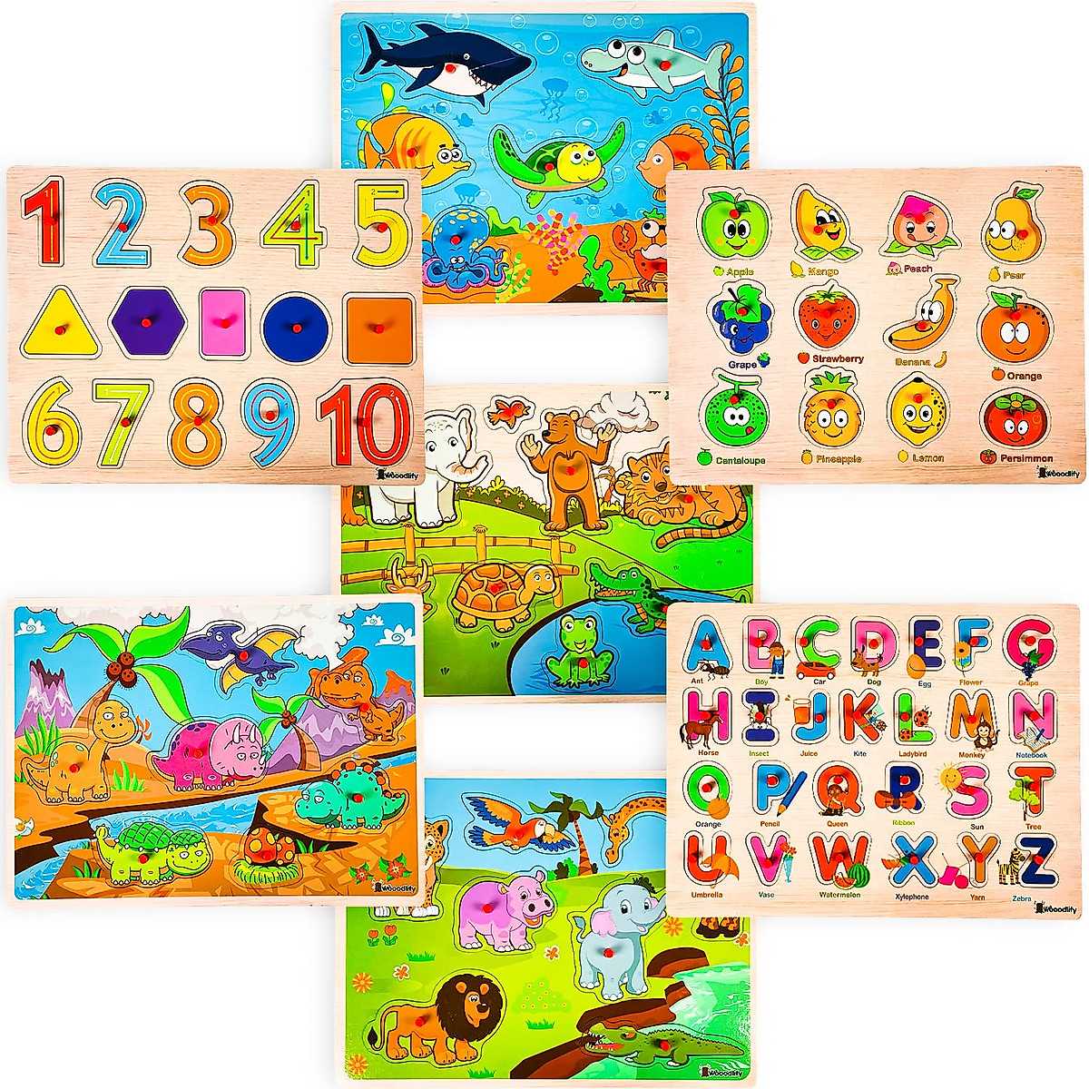 7 Pack Wooden Puzzles for Toddlers 2 3 4 5 Years Old - 7 Colorful Chunky Wood Peg Puzzles for Kids Ages 2-5, Alphabet Shape Numbers Fruits Sea Animals Dinosaur Zoo - Educational Toddler Learning Toys