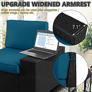 12 Piece Modular Wicker Outdoor Patio Sectional Furniture Sofa Set w/ Cushion, Outdoor Conversation Couch Set with Sloping Backrest and Wide Arm for Patio, Garden(Black Frame / Peacock Blue Cushion)