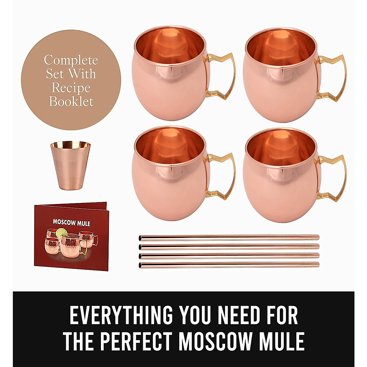 will's Moscow Mule Copper Mugs - Set of 4-100% Pure Solid Copper Mugs - 16 oz Premium Gift Set with 4 Cocktail Copper Straws, Shot Glass and Recipe Booklet (Set of 4)