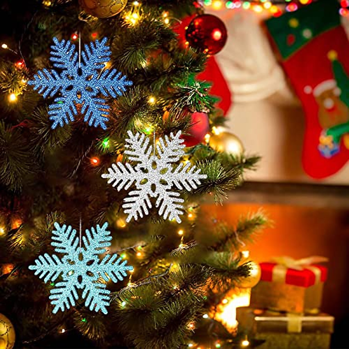 Garland Holder for Stairs Snowflake Christmas Decorations Four Snowflake Gift Box Party Decorations Suitable for Wedding Birthday Festive Party Quartz Crystal Stones (Blue, One Size)