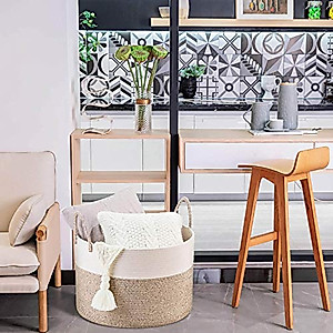 MINTWOOD Design Extra Large 22 x 14 Inches Cotton Rope Blanket Basket Living Room, Woven Laundry Basket, Toy Storage Baskets Bin, Decorative Round Pillow Towel Basket with Handles