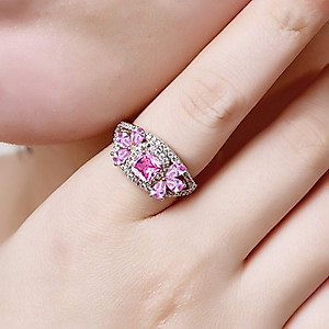 Narica Silver Plated Created Pink Topaz CZ Cubic Zirconia Filled Eternity Halo Cocktail Party Wedding Engagement Promise Band Elegant Women's Petal Flower Ring for Mom Bridal Lover 9#