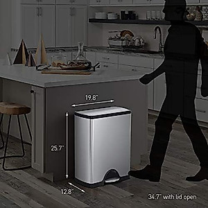 simplehuman Rectangular Dual Compartment Recycling Kitchen Step Trash Can, 46 Liter, Brushed Stainless Steel