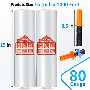 JARLINK Stretch Film, 15 Inch x 1000 Feet Shrink Wrap for Pallet Wrap, Industrial Strength Stretch Wrap up to 800% Stretch with Handles, Moving Wrapping Plastic Roll, 80 Gauge, 2 Pack